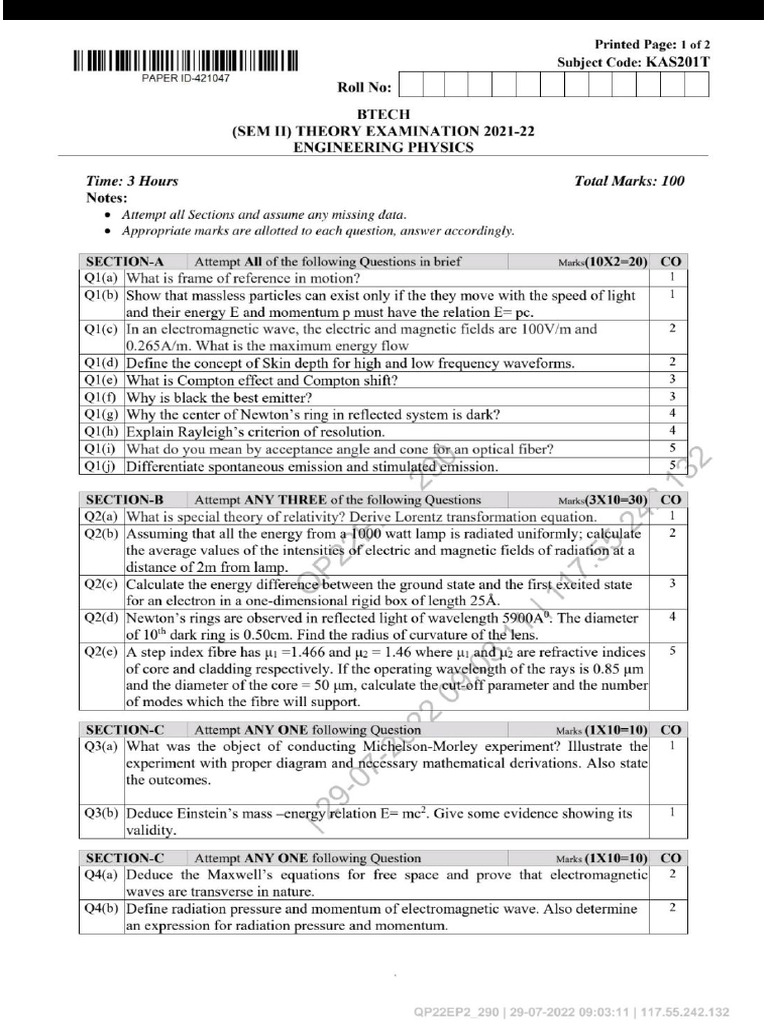 Even Sem 2021-22 KAS 201 Physics Solution | PDF