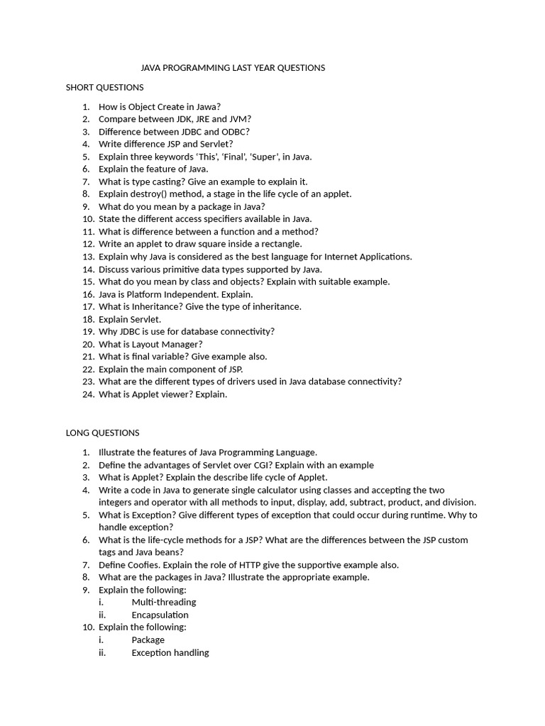 Java Programming Last Year Questions Pdf Java Programming Language