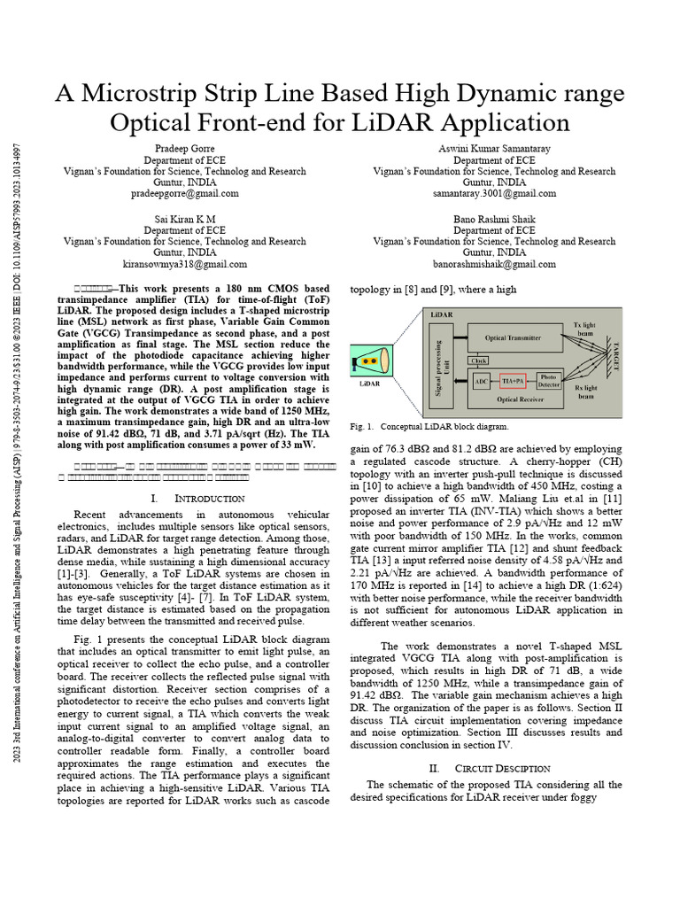 A Microstrip Strip Line Based High Dynamic Range Optical Front-End For LiDAR Application | PDF ...