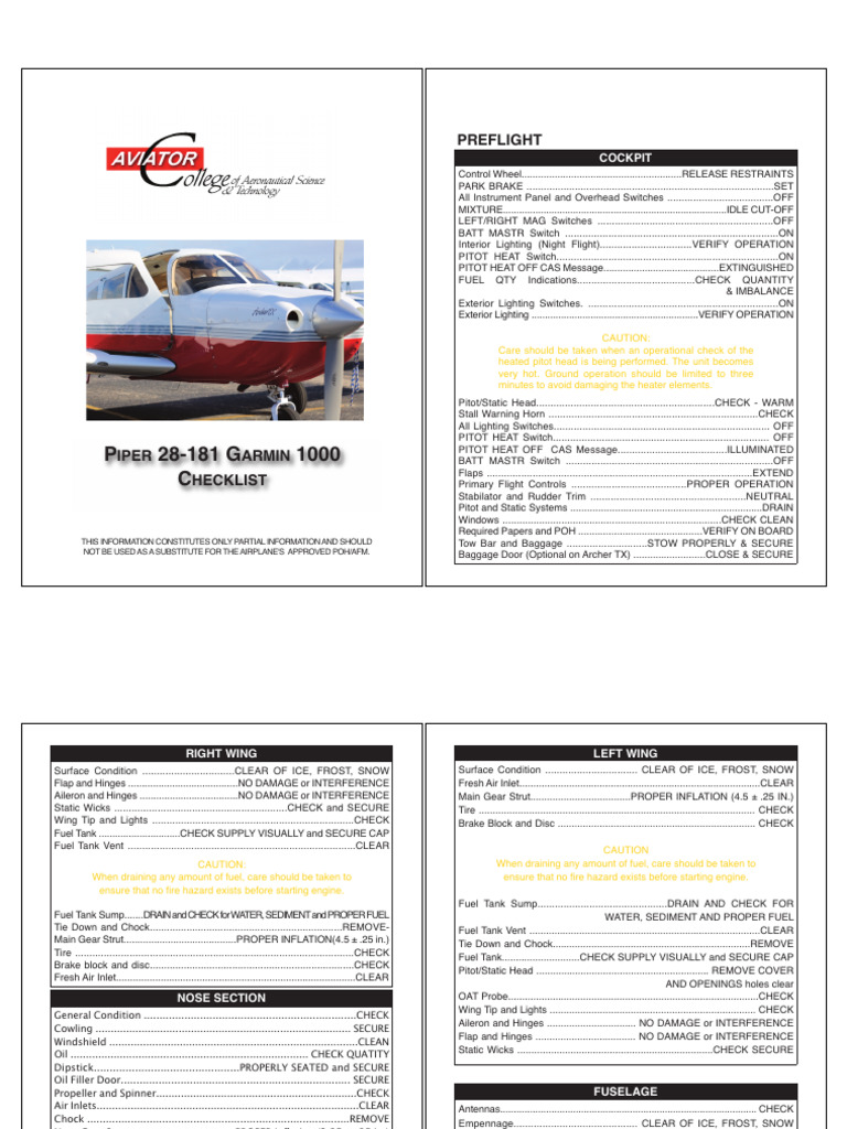 Archer TX G1000 Checklist Two Pages | PDF | Throttle | Switch
