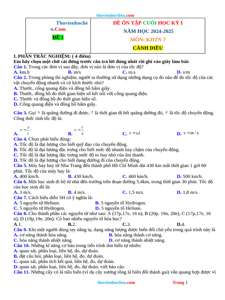 thuvienhoclieu.com-Bo-de-on-tap-HK1-KHTN-7-Canh-dieu-24-25 | PDF