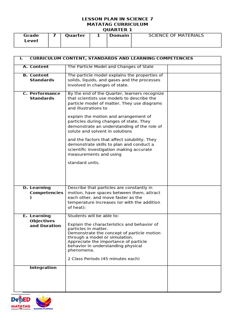LC 3 - Science 7 Lesson Plan Matatag Curriculum | PDF | Gases | Matter