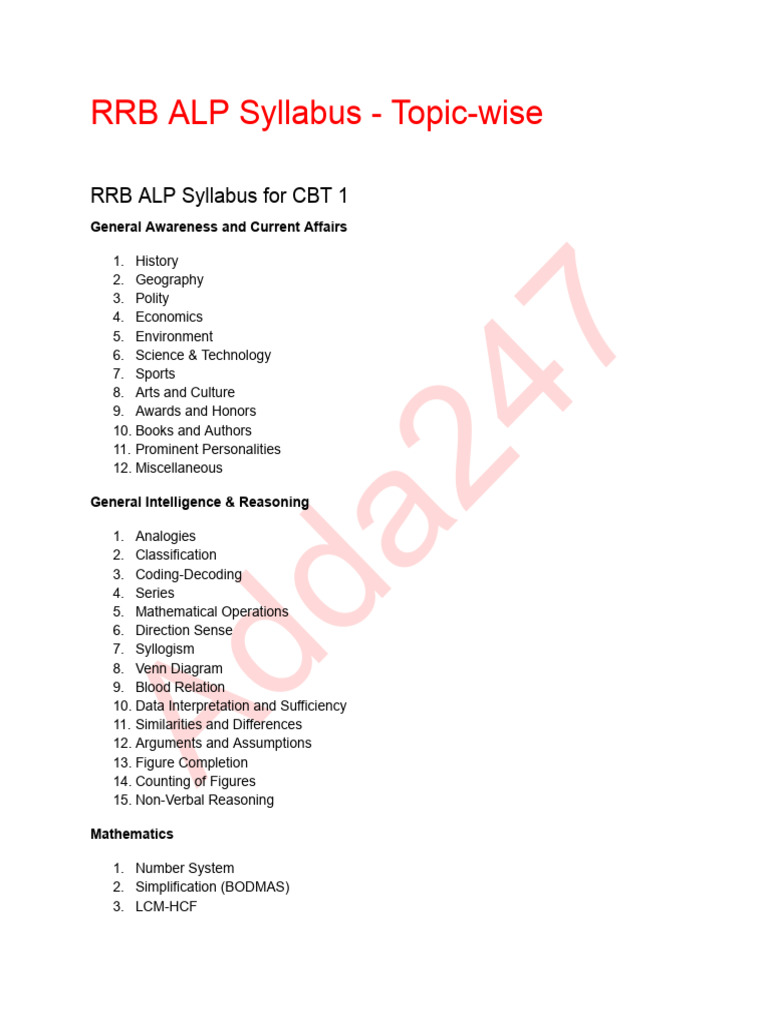 RRB ALP Syllabus Topic Wise | PDF