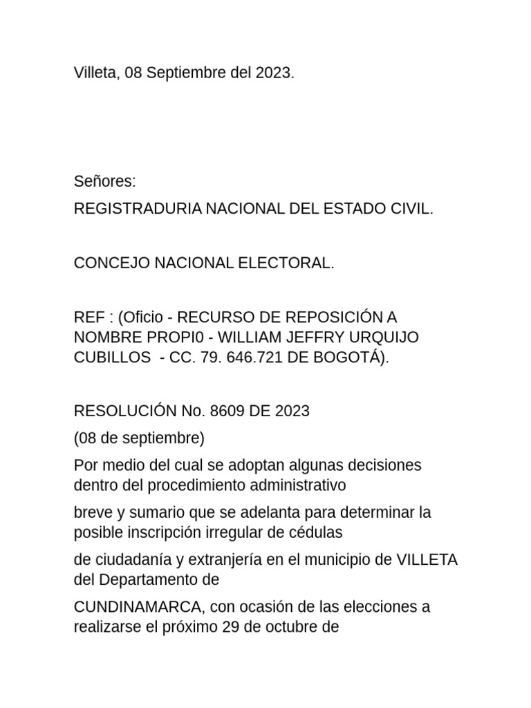 Oficio - Recurso de Reposición. William Urquijo | PDF | Eventos políticos | Elecciones