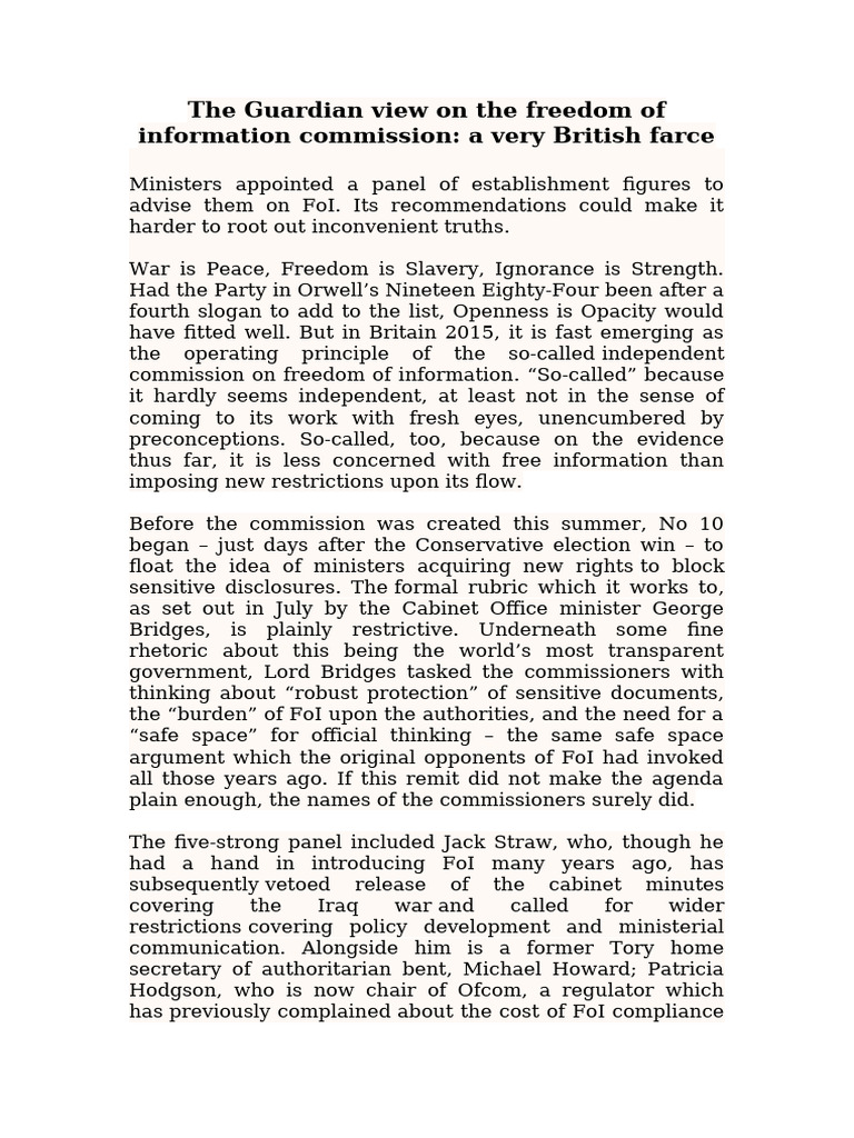 The Guardian View On The Freedom of Information Co | PDF | Government