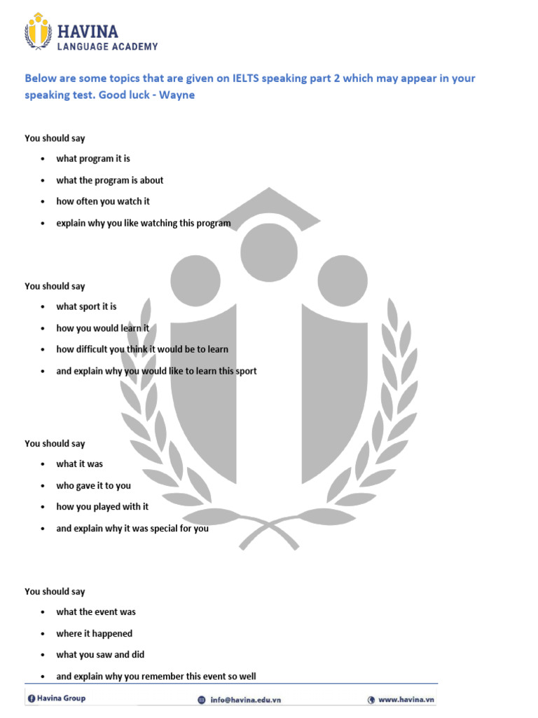 IELTS Speaking Part 2 Topics Guide | PDF