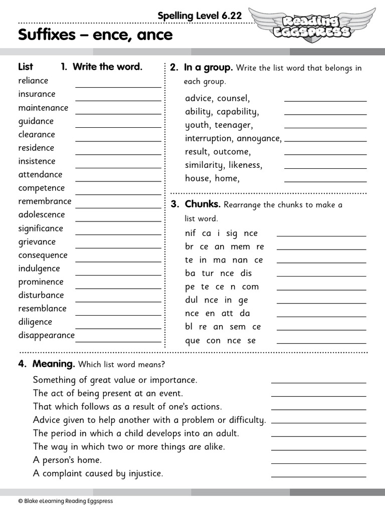 Suffixes -ence and -ance Practice Activities | PDF