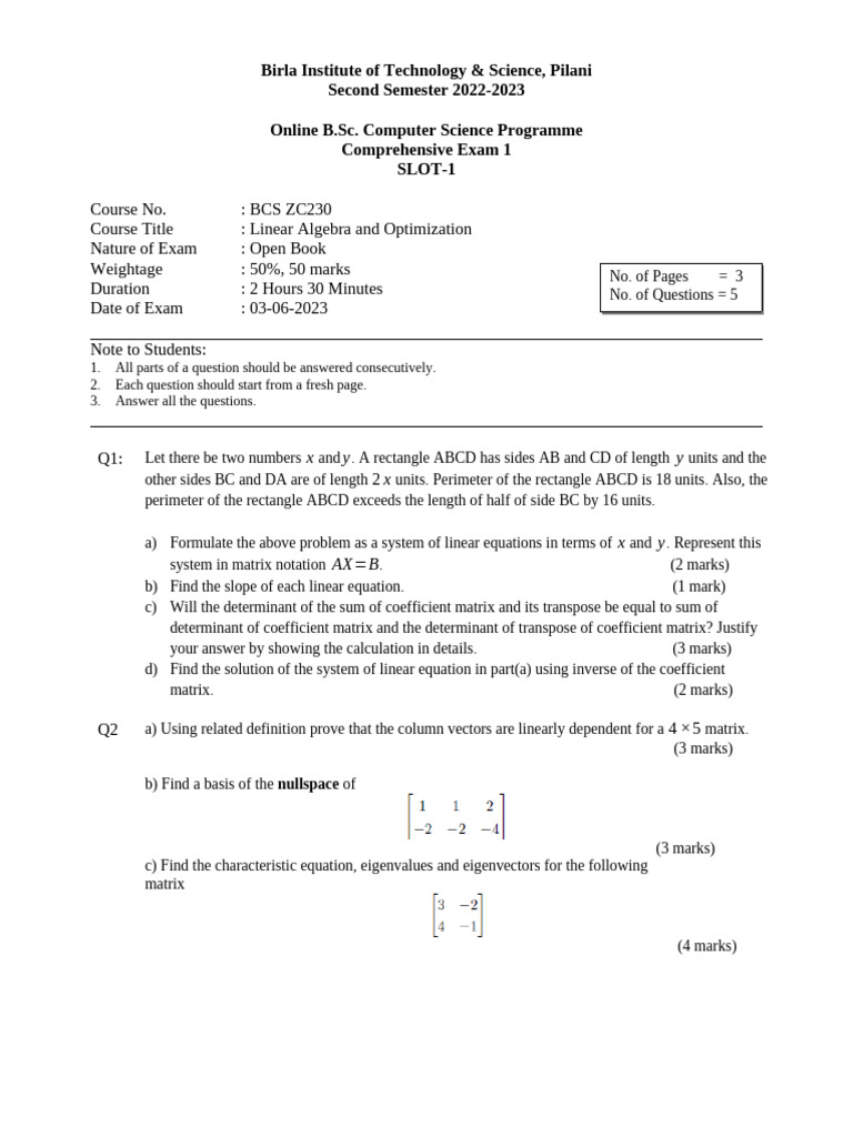 OU5BeBmQRWVOOD12u2EDA 2022-2023 SEM 2 BCS-ZC230 Linear-Algebra-And-Optimization Paper 1 | PDF ...