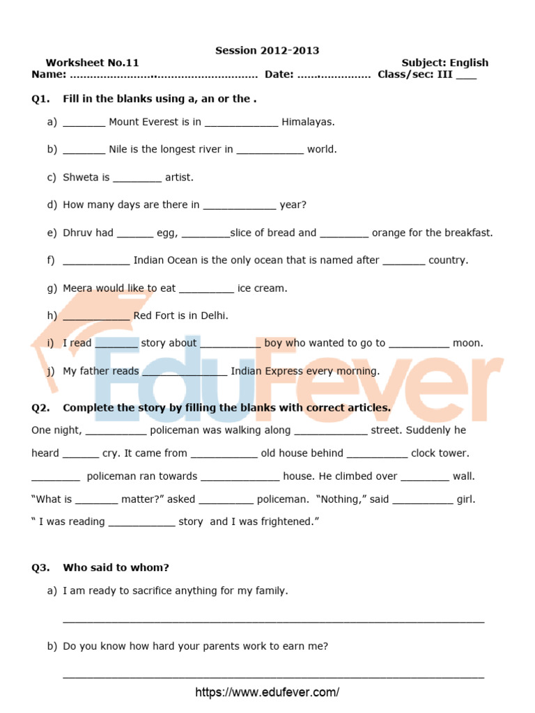 English Worksheet for Class III | PDF