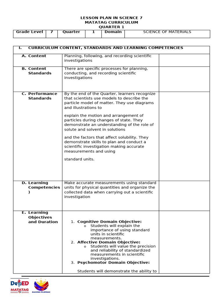 LC 7 - Science 7 Lesson Plan Matatag Curriculum | PDF | Measurement ...