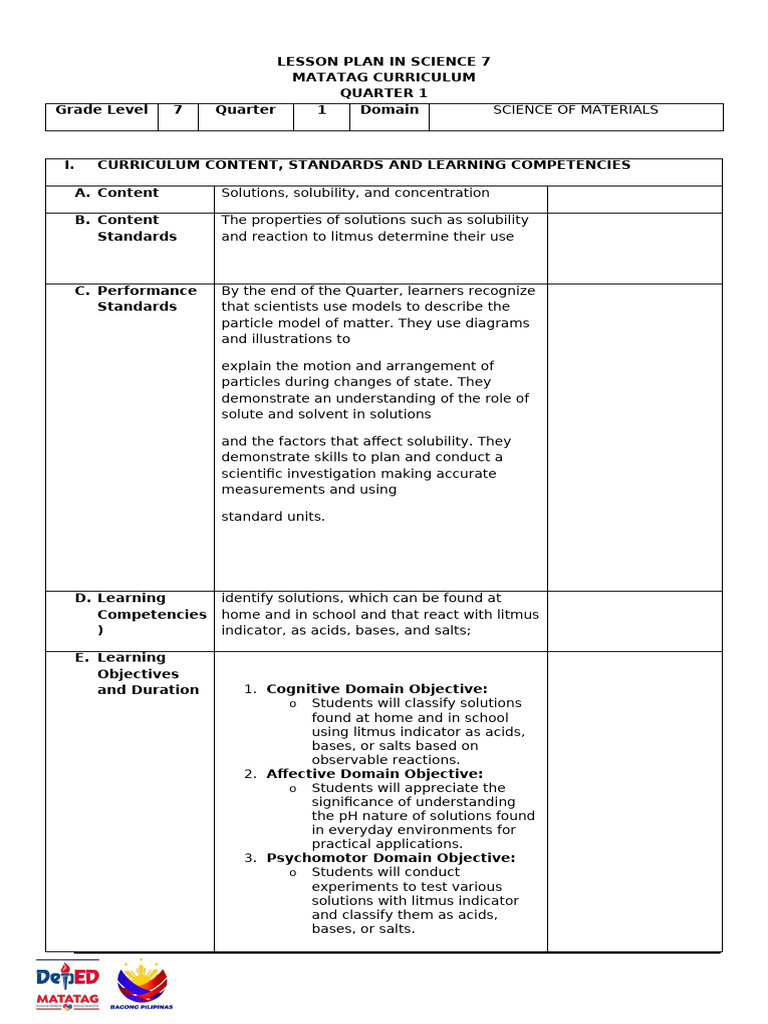 LC 11 - Science 7 Lesson Plan Matatag Curriculum | PDF | Taste | Acid