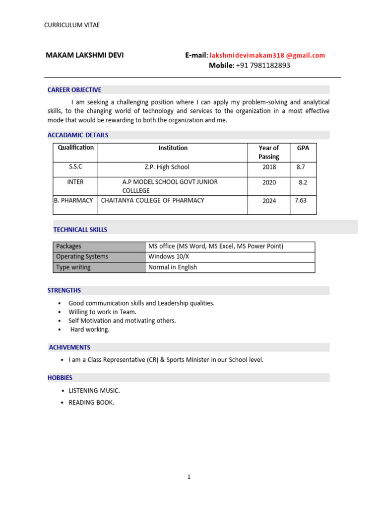 Resume Lakshmi | PDF