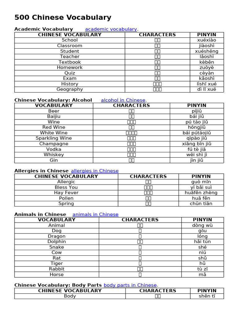 500 Chinese Vocabulary | PDF