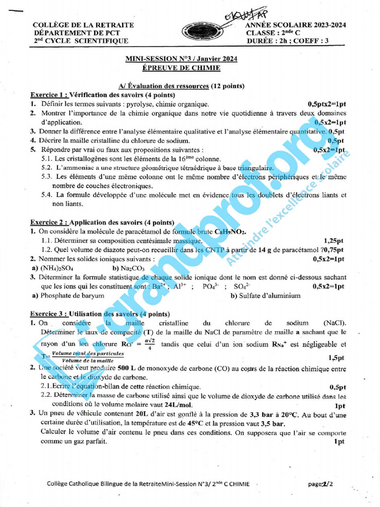 Chimie-2ndeC-Evaluation3-College-Retraite-Janvier-2024 | PDF
