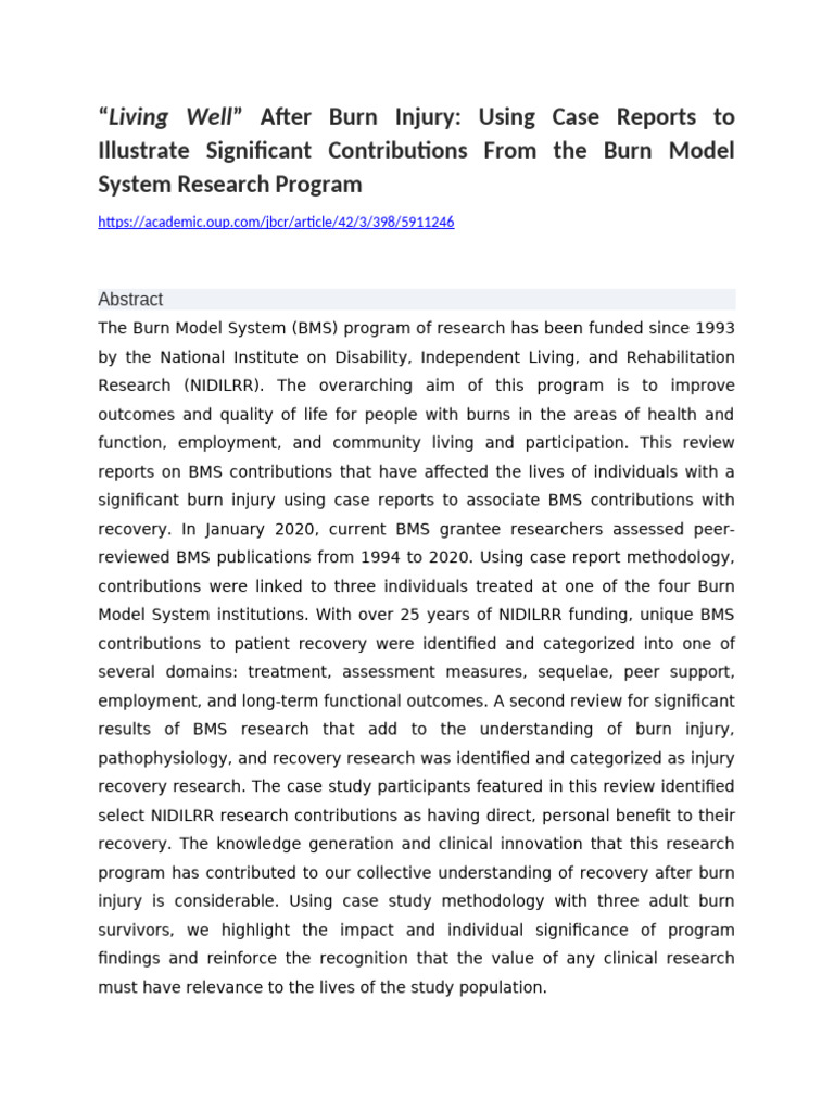 "Living Well" After Burn Injury, Using Case Reports To Illustrate ...