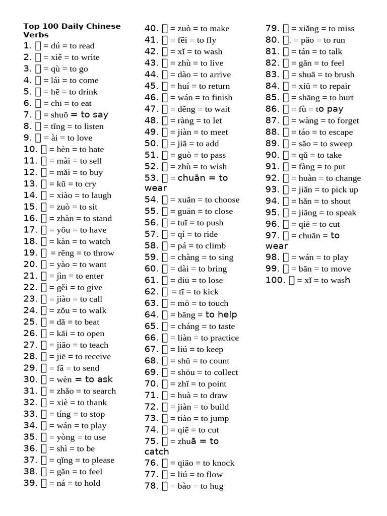 Top 100 Daily Chinese Verbs | PDF