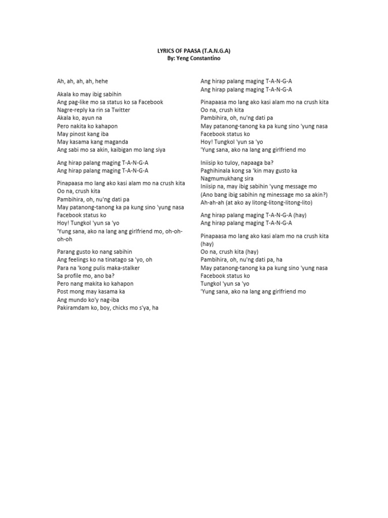Lyrics of Paasa (T.a.n.g.a) | PDF