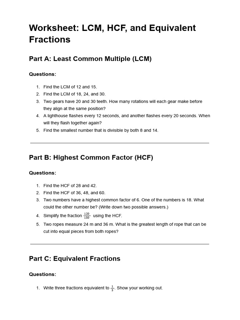 Homework Worksheet - LCM, HCF, and Equivalent Fractions | PDF | Number ...