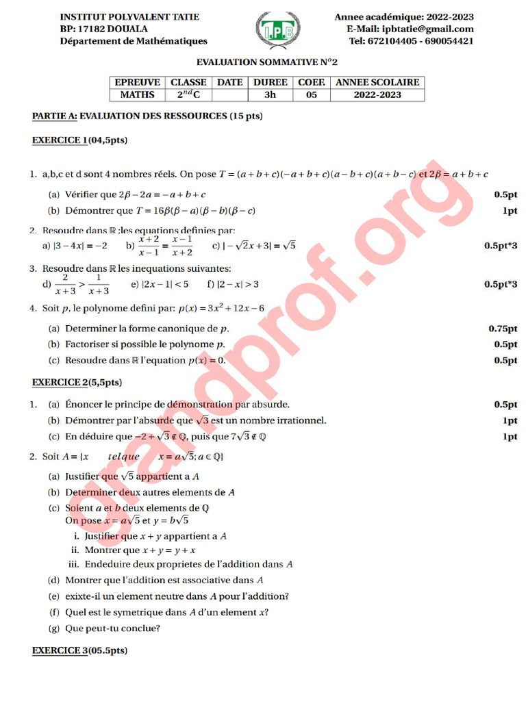 Maths 2ndec Evaluation3 Institut Tatie 2022 2023 | PDF