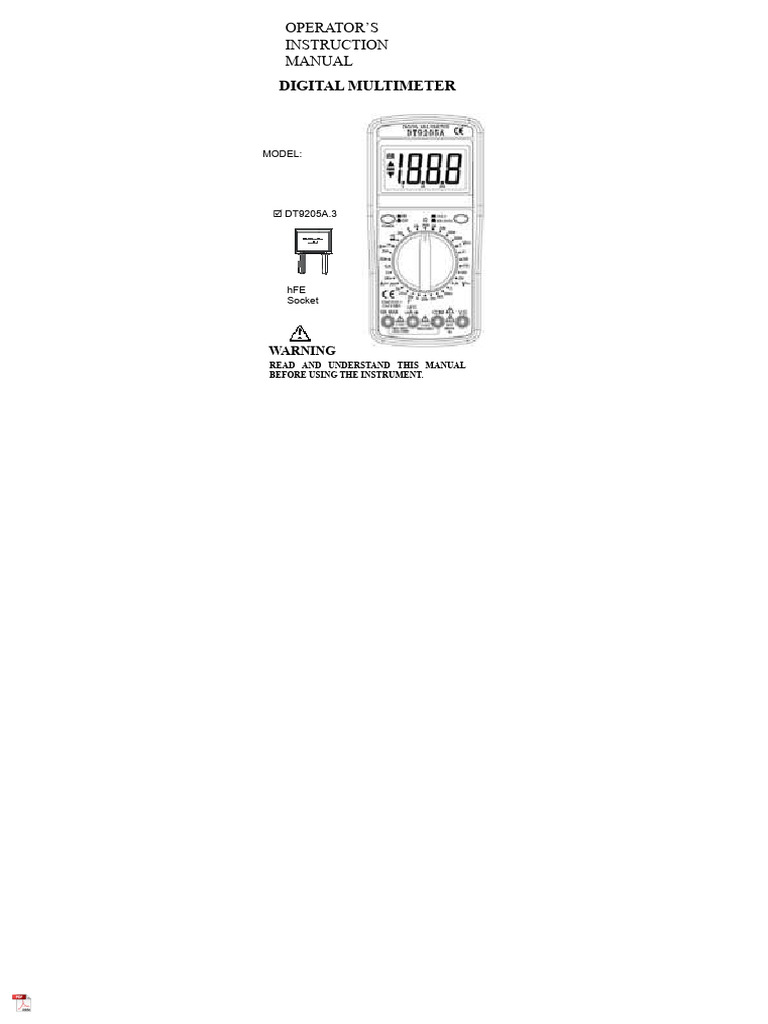 DT9205A Digital Multimeter Manual | PDF | Bipolar Junction Transistor | Capacitor