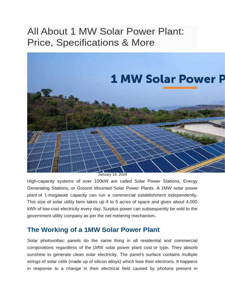 All About 1 MW Solar Power Plant | PDF | Solar Power | Photovoltaic System