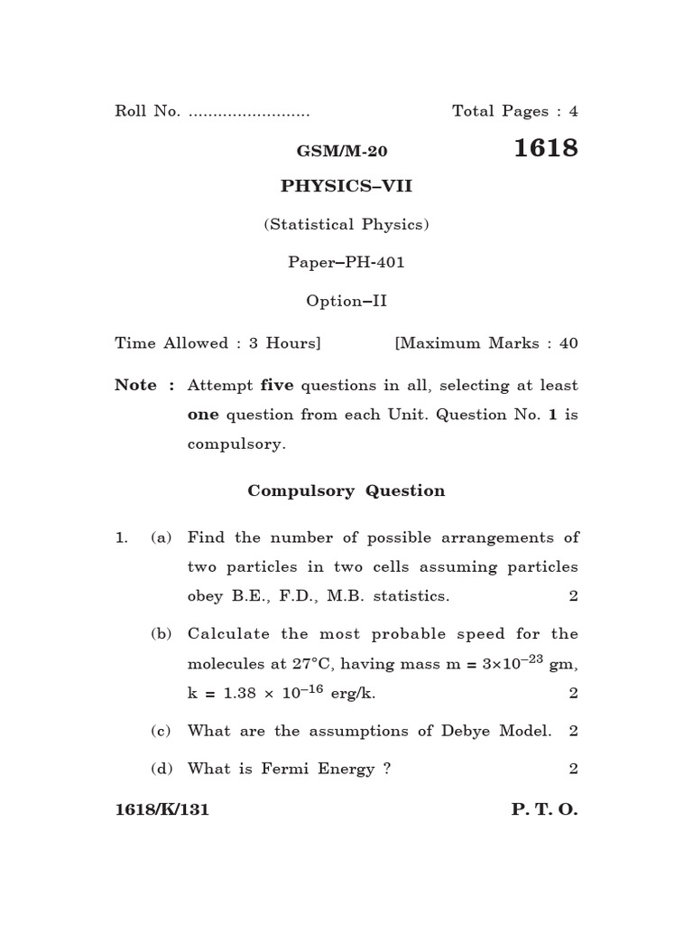 BSC 4 Sem Physics Statistical Physics 1618 2020 | PDF | Applied Mathematics | Mathematical Physics