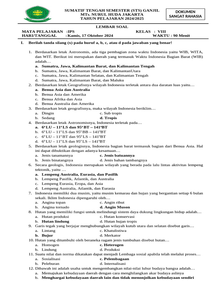 Soal IPS Kelas VIII STS 2024 | PDF