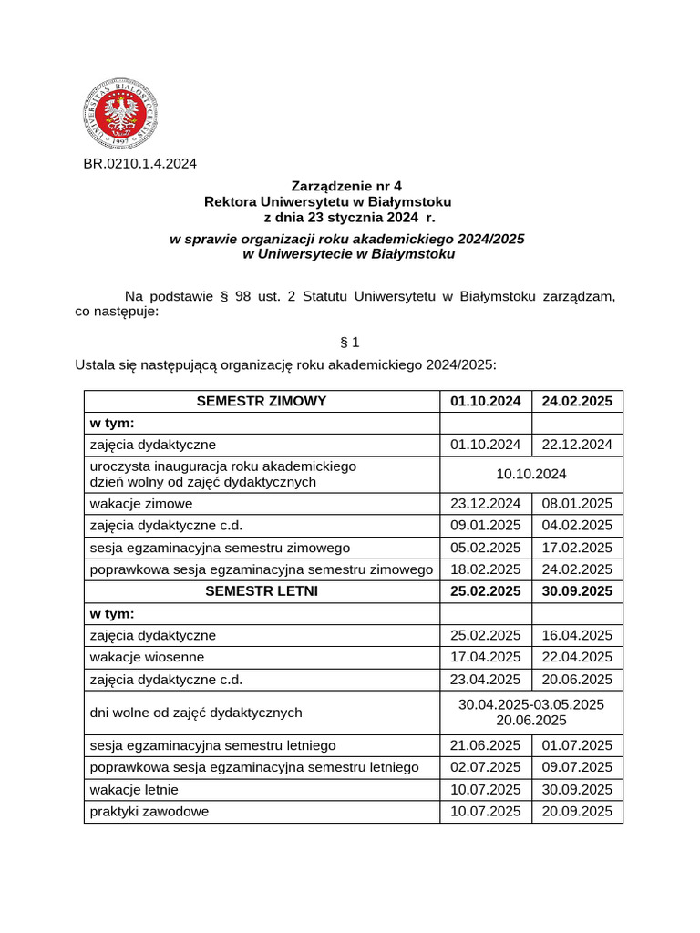 4 - Organizacja Roku Akademickiego 2024-2025 | PDF