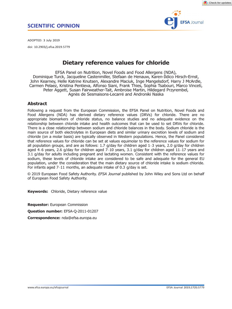 EFSA Journal - 2019 - Dietary Reference Values For Chloride | PDF ...