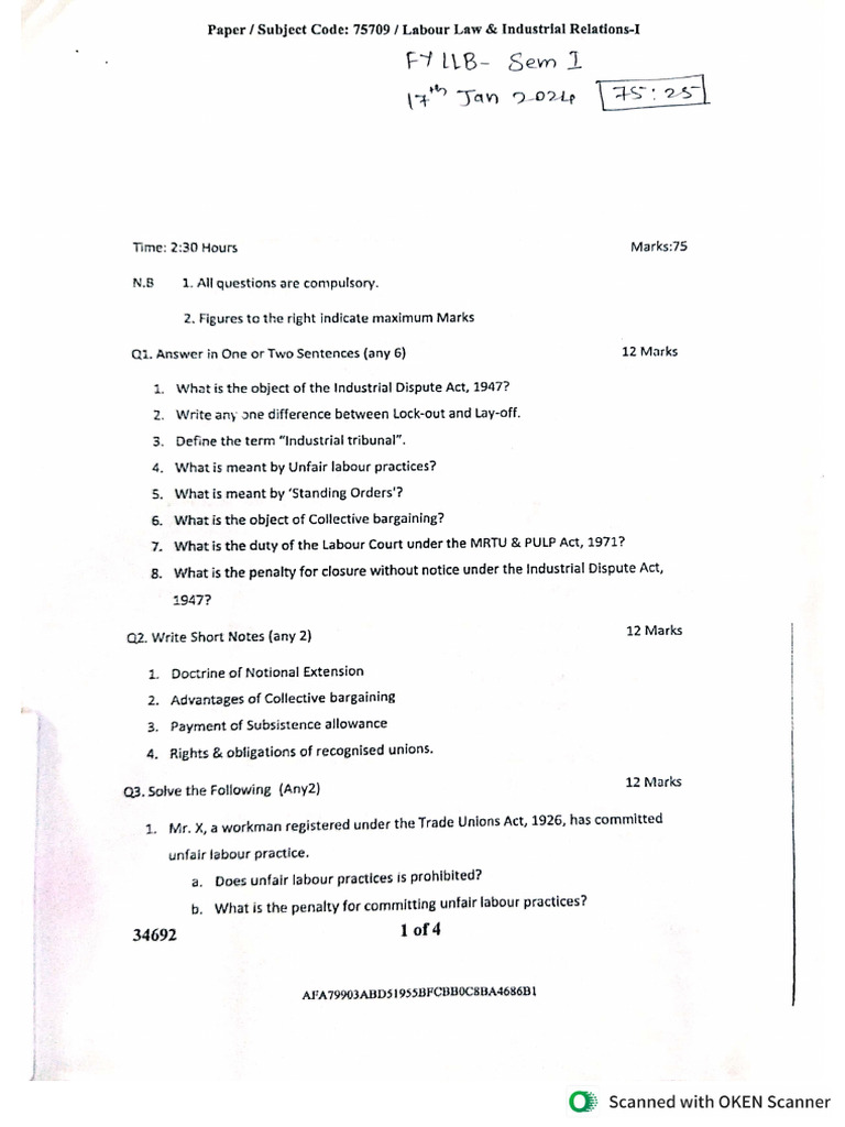 Labour Law and IR-I 75.25 Jan 2024 | PDF