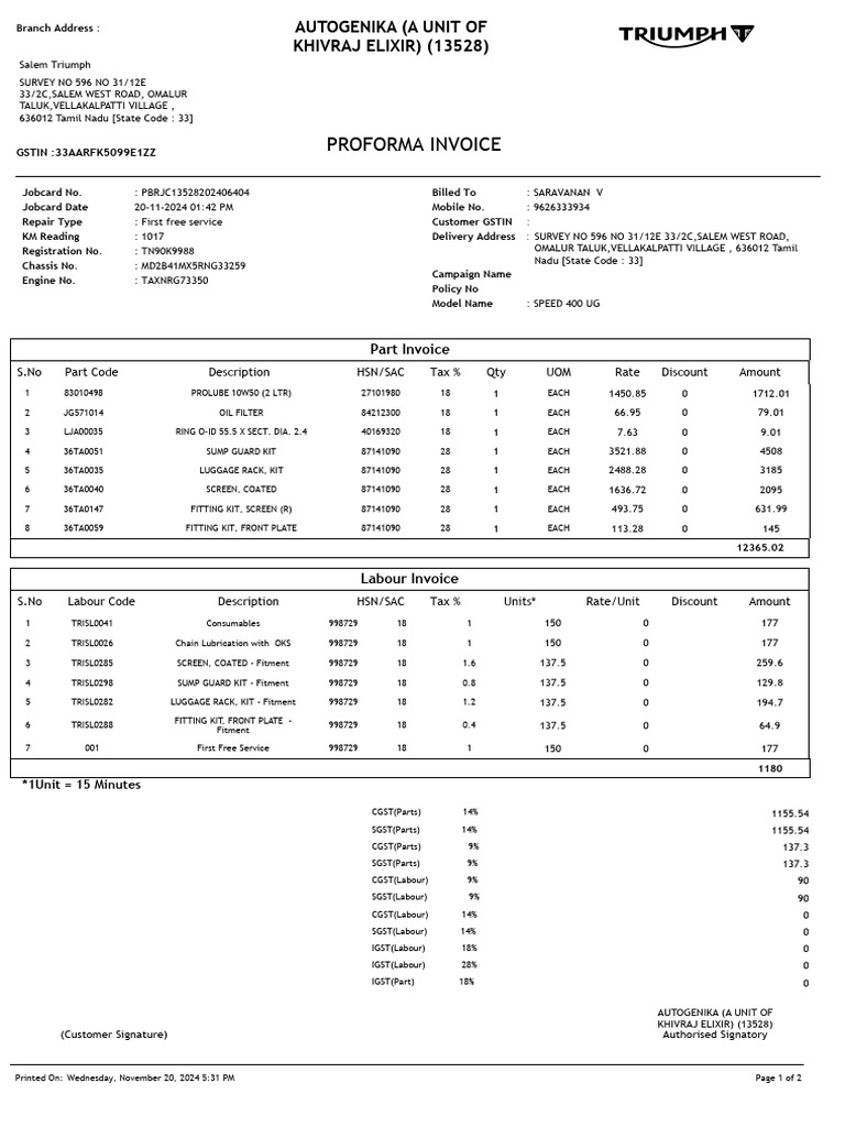 Motorcycle Service Invoice | PDF | Motor Vehicle
