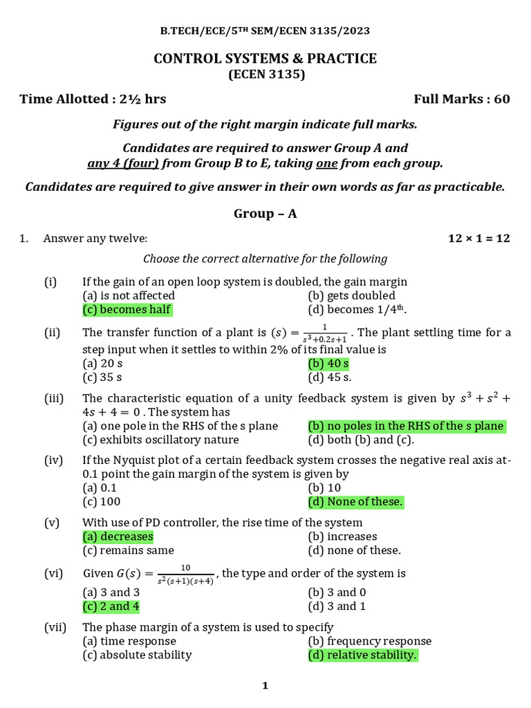 CONTROL SYSTEMS & PRACTICE_ECEN 3135_2023 | PDF | System | Feedback