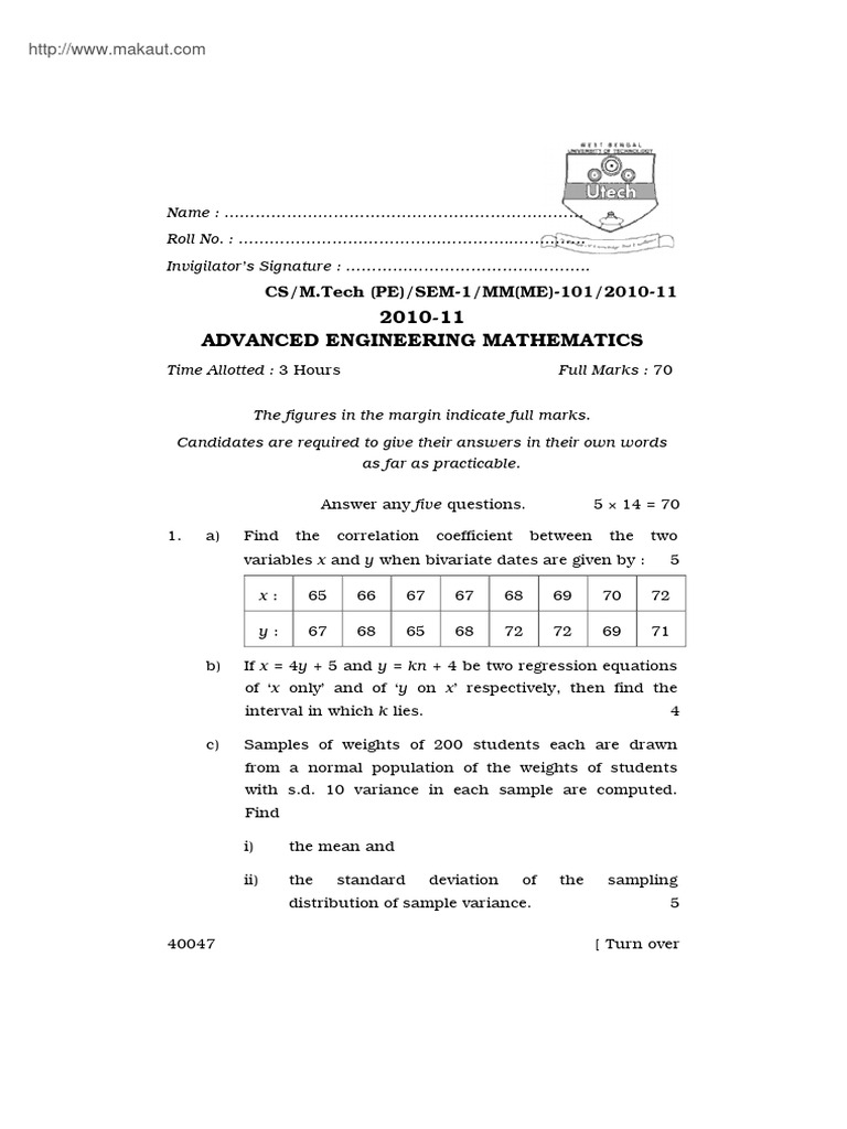 Mtech Pe 1 Sem Advanced Engineering Mathematics 201 | PDF | Statistical Theory | Statistical ...