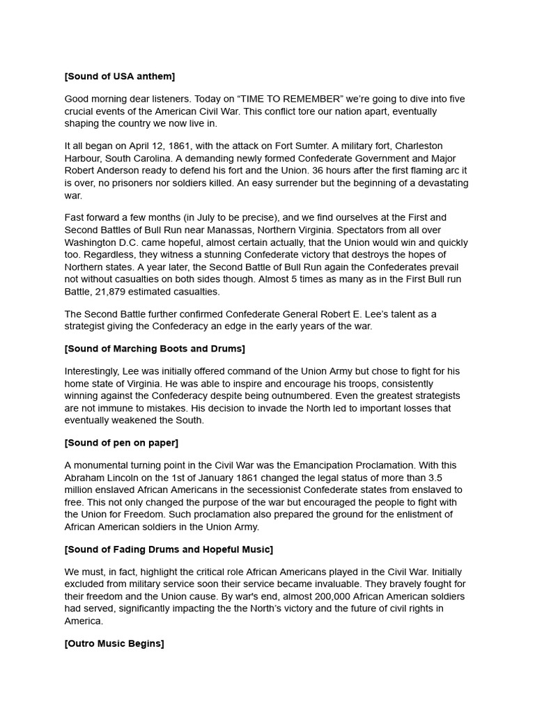 Broadcast of The Civil War Script. | PDF | First Battle Of Bull Run ...