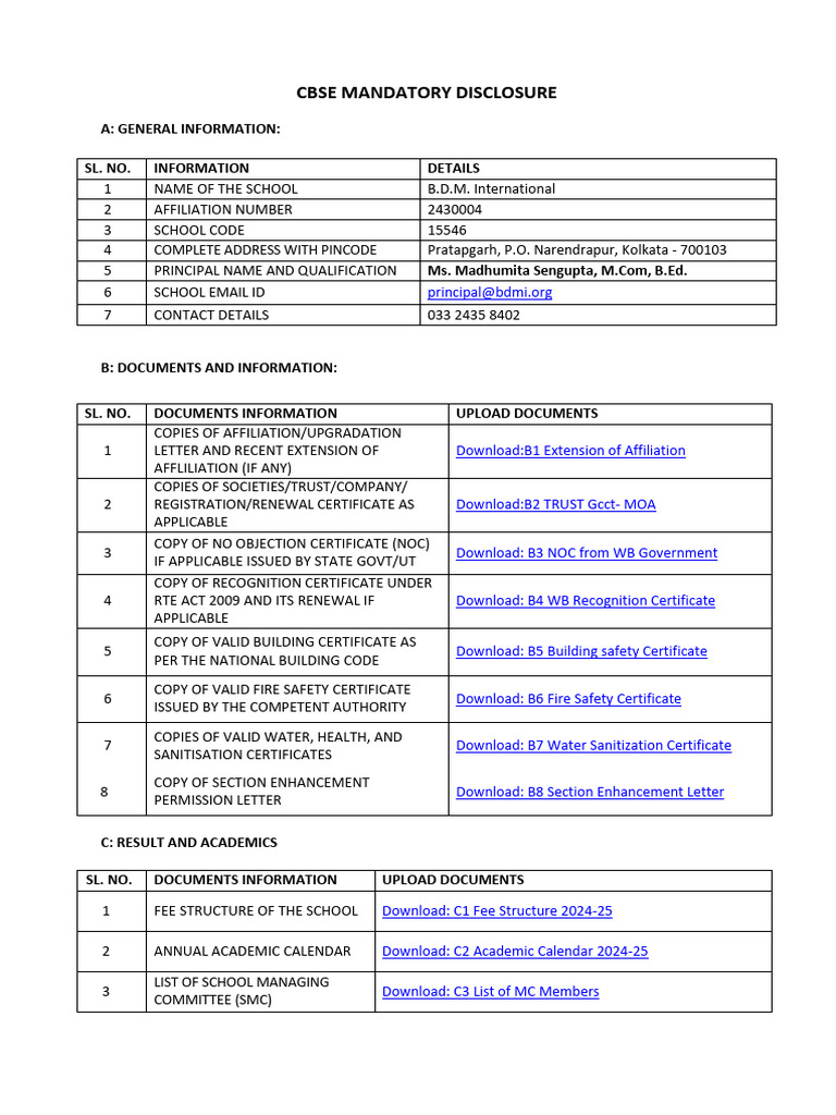 Cbse Mandatory Disclosure Information 2023 24 15546 B.d.m.international ...