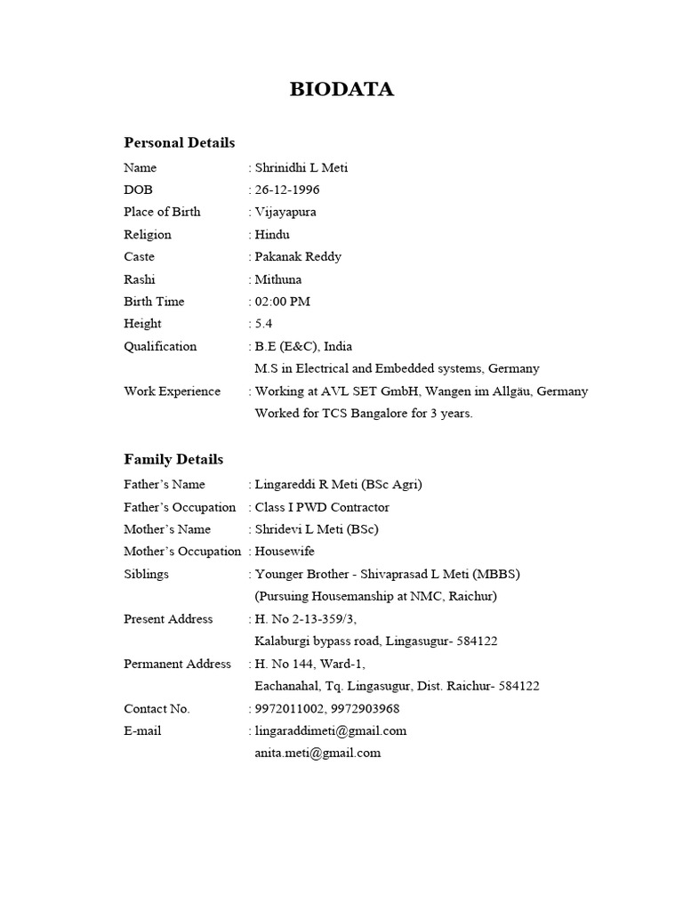 Shrinidhi Biodata | PDF