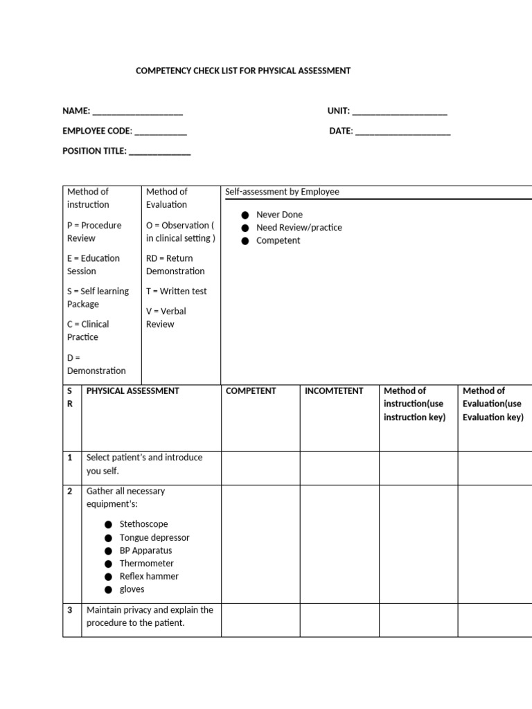 Competency Check List For Physical Assessment | PDF | Human Nose | Neck