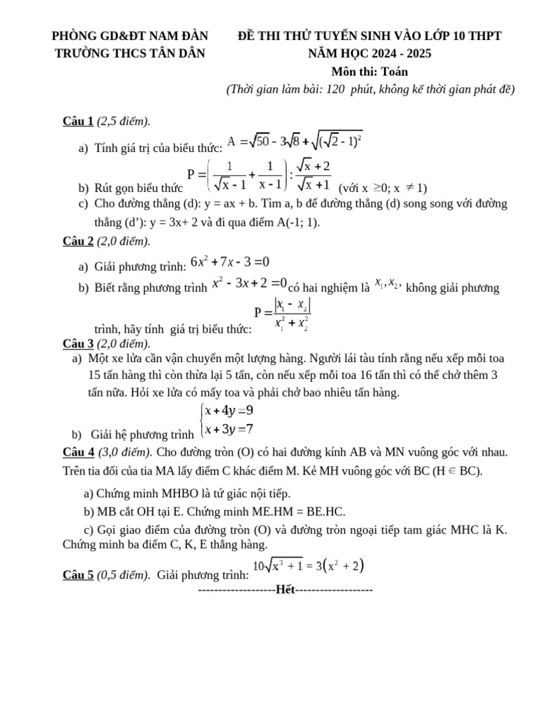ĐỀ THI THỬ TOÁN 9 | PDF