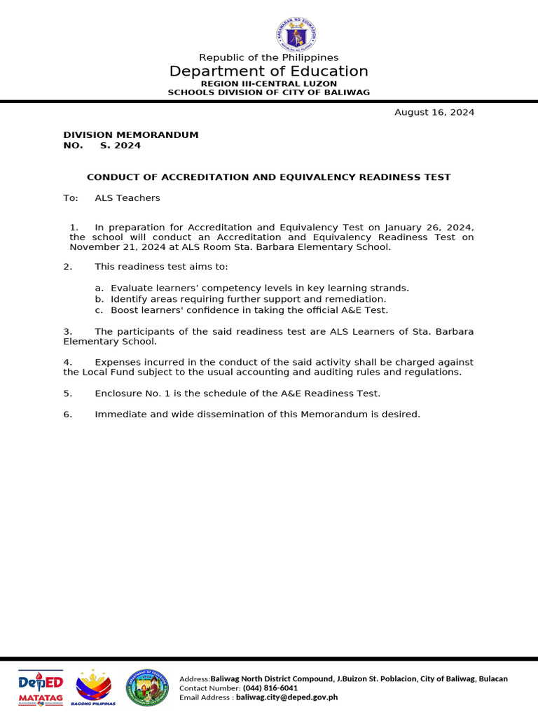 A&E Readiness Test School Memo | PDF