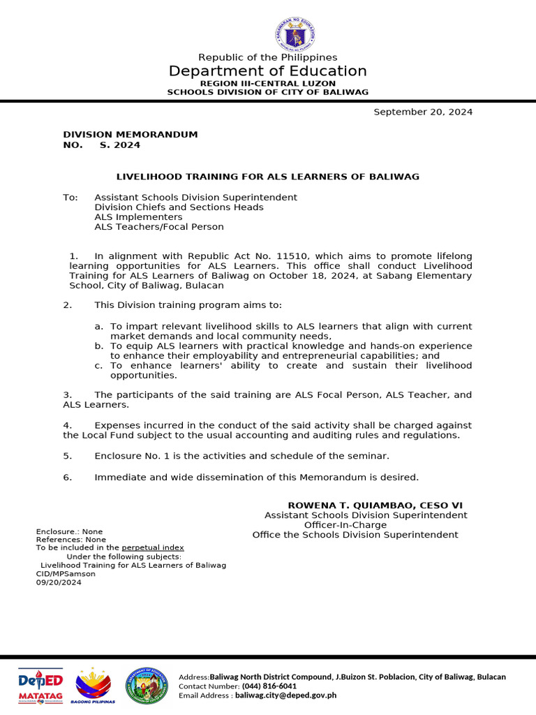 Division Memo - Livelihood Training for ALS Learners | PDF