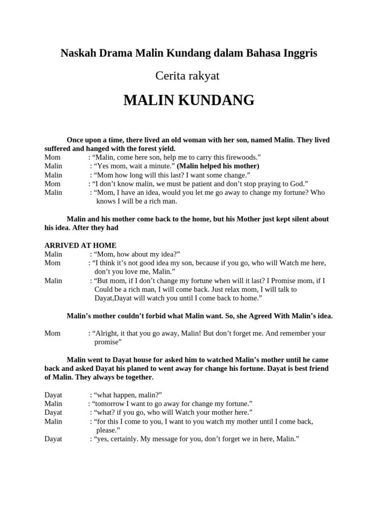 Naskah Drama Malin Kundang Dalam Bahasa Inggris | PDF