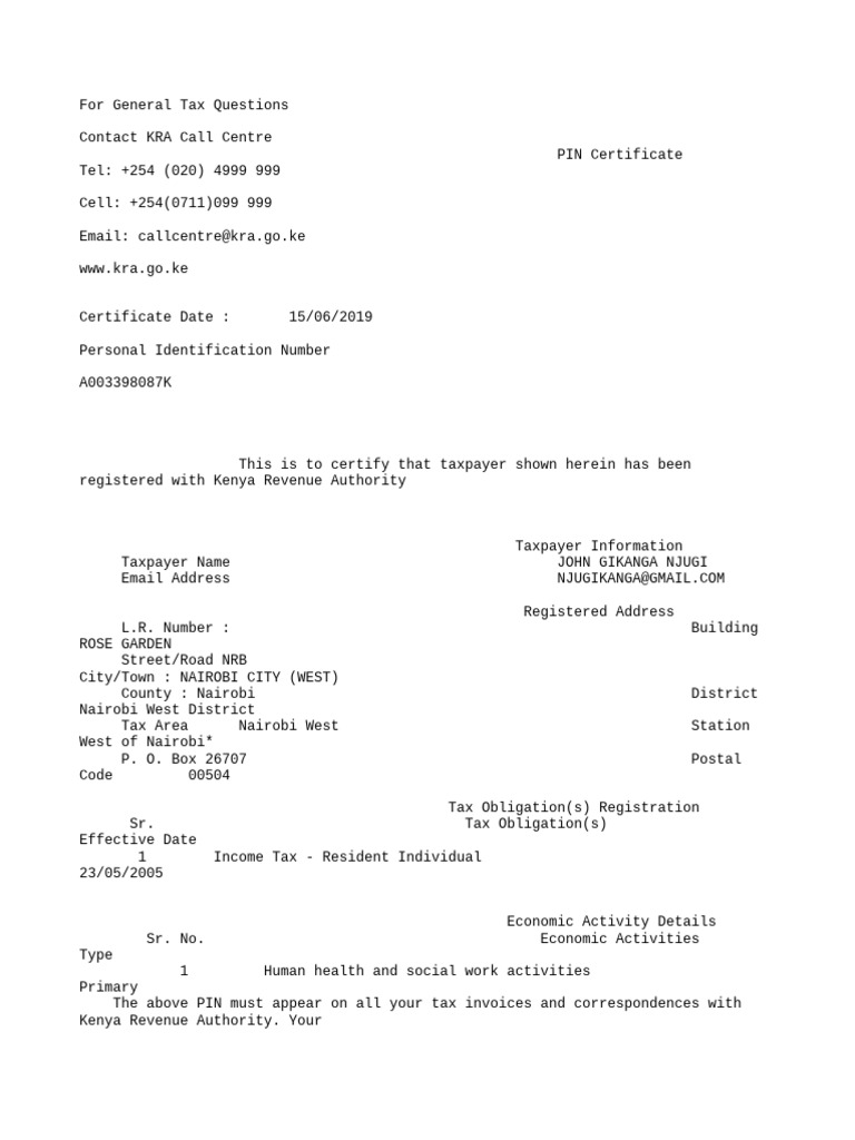 Kra Pin Certificate | PDF