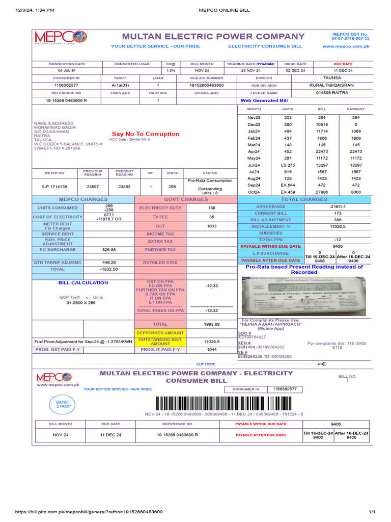 MEPCO ONLINE BILL NOV 2024 | PDF | Taxes | Fee