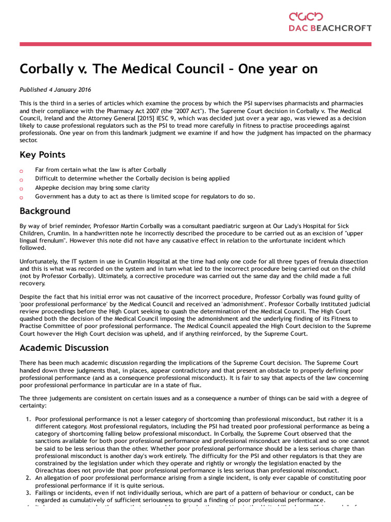 corbally-v-the-medical-council-one-year-on | PDF | Judgment (Law ...