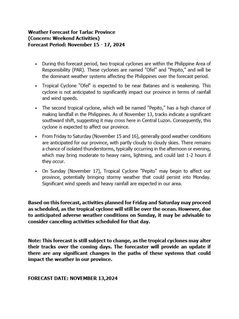UPDATED Weather Forecast For Tarlac Province (NOVEMBER 15-17, 2024) | PDF