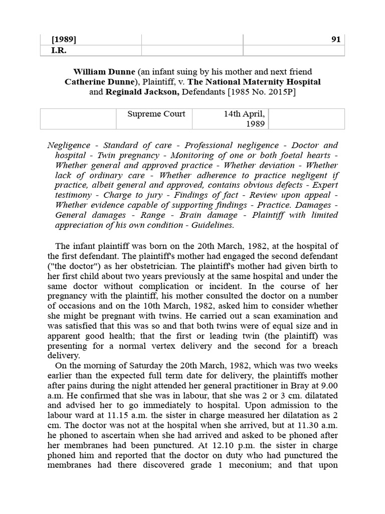 Dunne V NMH (1989) I.R. 91 | PDF | Negligence | Childbirth