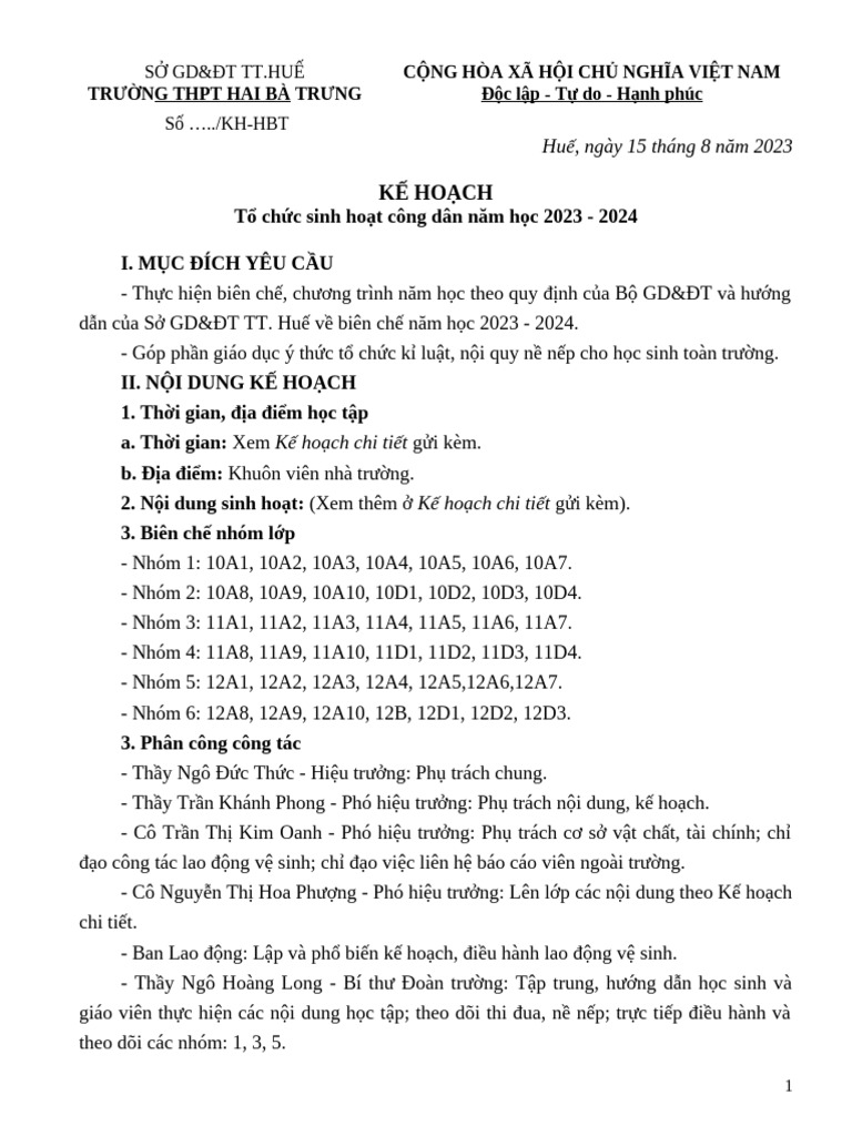 KH Sinh Hoat Cong Dan 23 24 Tong The | PDF