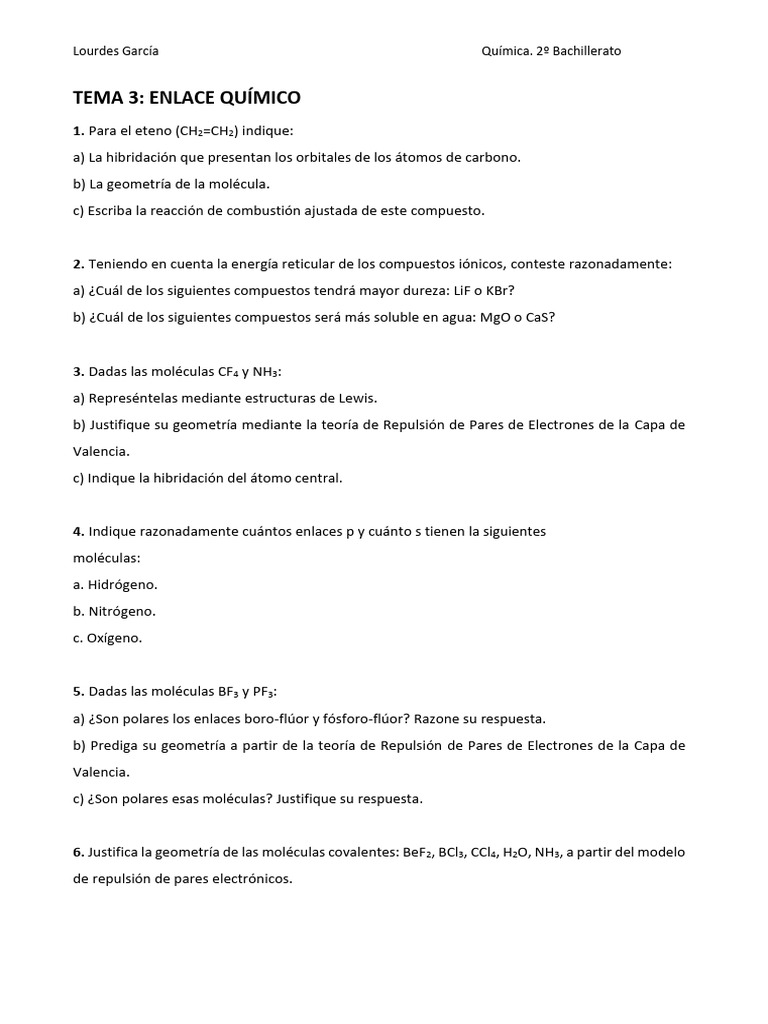 TEMA 3_Enlace quimico_actividades | PDF | Enlace químico | Moléculas