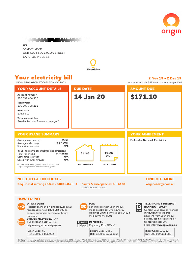 Origin Electricity Invoice - 300039454982 - 20122019 - 211506 | PDF ...