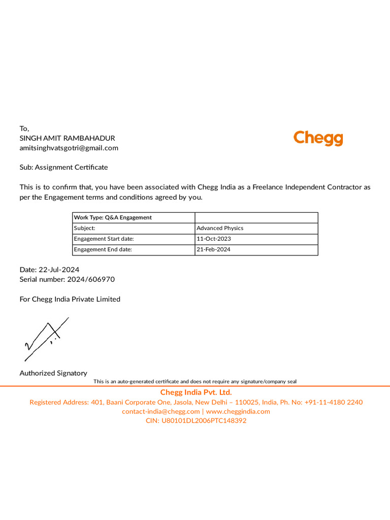 Chegg India Freelance Assignment Certificate | PDF